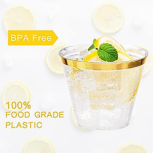 Nervure 120PCS Gold Plastic Cups - 9Oz Gold Rimmed Plastic Cups - Heavy Duty Disposable Clear Plastic Cups with Gold Rim Perfect for Weddings, Receptions & Parties