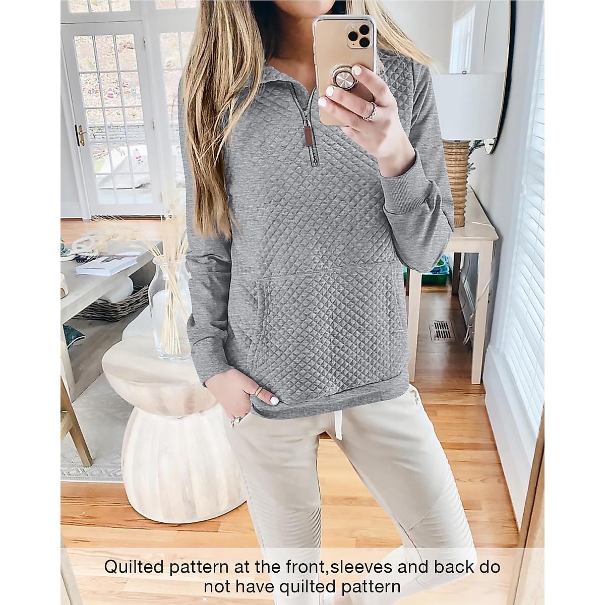 BTFBM Women Fashion Quilted Pattern Lightweight Zipper Long Sleeve Plain Casual Ladies Sweatshirts Pullovers Shirts Tops (Light Grey, Small)