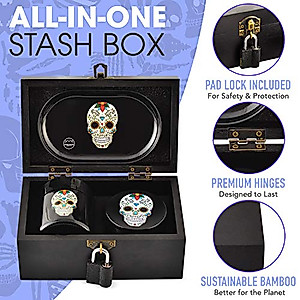 STASH HOUSE SUPPLY CO. Day of the Dead Design Premium Bamboo Stash Box Set with UV Glass Jar, Metal Tray and Lock - Great Gift for Skull Lovers