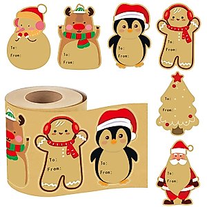 YUUIKLLE 300PCS Christmas Stickers 2x3 Inch Christmas Santa Claus Snowman Stickers 6 Designs of Self Adhesive Labels Kraft Paper Stickers,for Wrapping Birthday Envelopes Wedding Holiday Decor