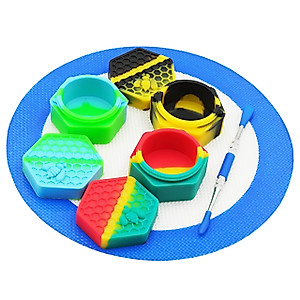 KUVIS 26ml Hexagon Wax Silicone Container Non-stick Concentrate Jars with 7.87" Round Mat and Carving Tool