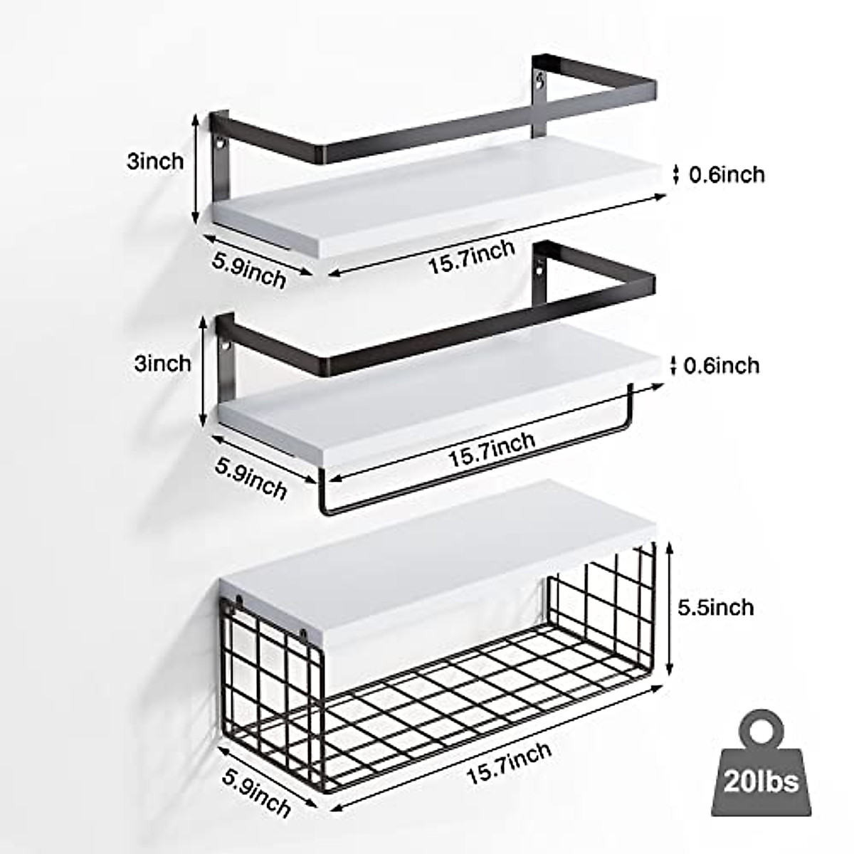 Fixwal 3+1 Tier Wall Mounted Floating Shelves with Metal Frame, Rustic Wood Bathroom Shelves Over Toilet with Wire Storage Basket and Towel Bar for Bathroom, Kitchen, Bedroom (White)