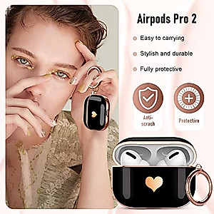 Maxjoy Airpods Pro 2 Case Cover,Cute Electroplating with Gold Heart Pattern with Lanyard Shockproof Cover for Girls Woman Airpods Pro 2 Generation Case-Black