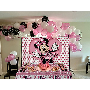 Pink Mouse Backdrop and Mouse Tablecloth for Girls Birthday Party Decorations Mouse Birthday Party Photography Background Banner with Table Covers for Girls Baby Shower Party Supplies (6x4ft)