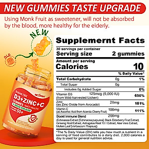 Sugar Free Vitamin C + D3 + Zinc Gummies for Adults 50 +, 9 in 1 Immune Defense Supplement with D3 5000IU, Elderberry, Echinacea, Mullein Leaf for Boost Immunity, Power Antioxidant, Vegan (Pack of 2)