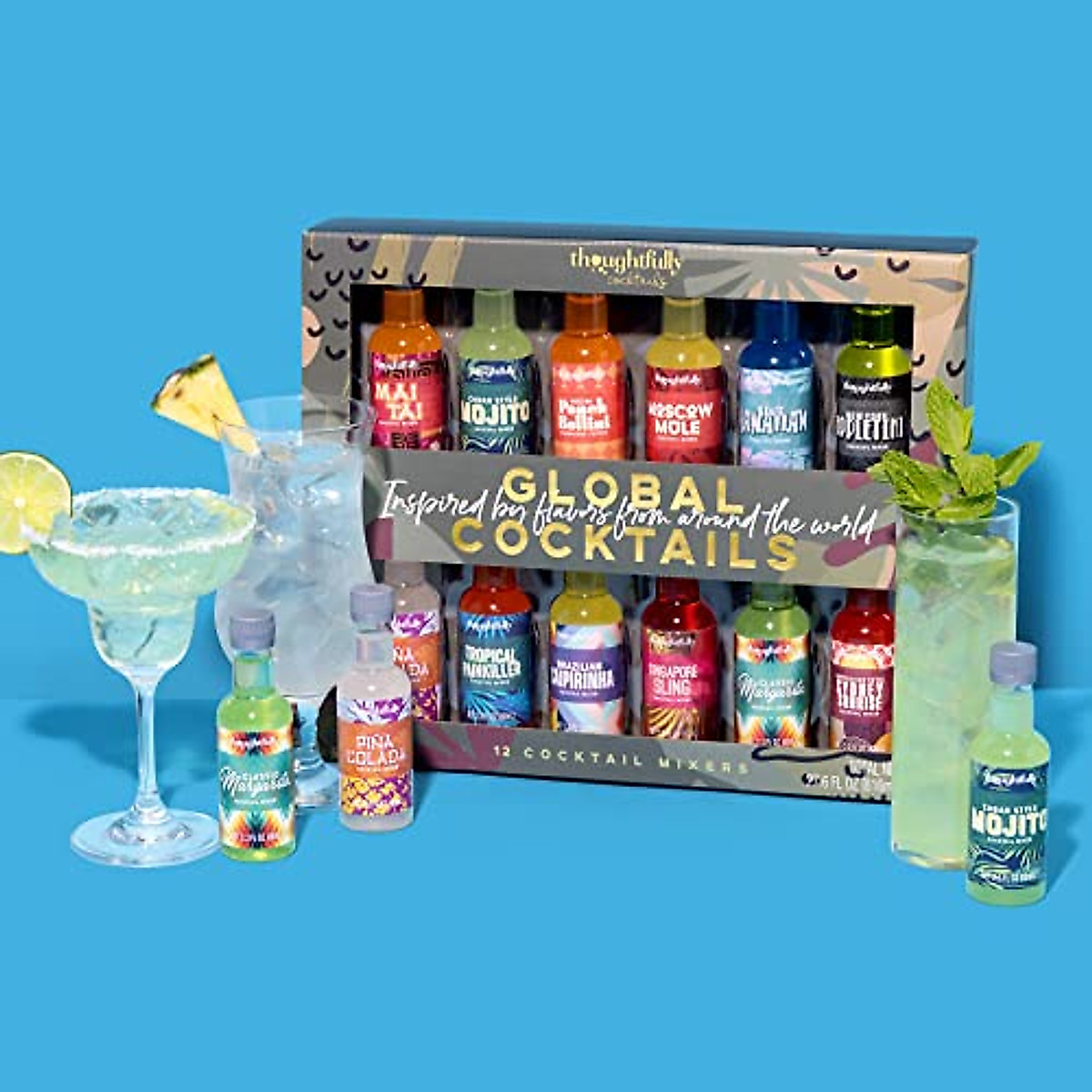 Thoughtfully Cocktails, Global Cocktail Mixer Set, Vegan and Vegetarian, Flavors Margarita, Moscow Mule and More, Set of 12 (Contains NO Alcohol)
