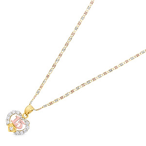 Ioka 14K Two Tone Gold Sweet 15 Years Quinceanera Heart Cubic Zirconia CZ Charm Pendant with 1.5mm Valentino Chain Necklace - 18"