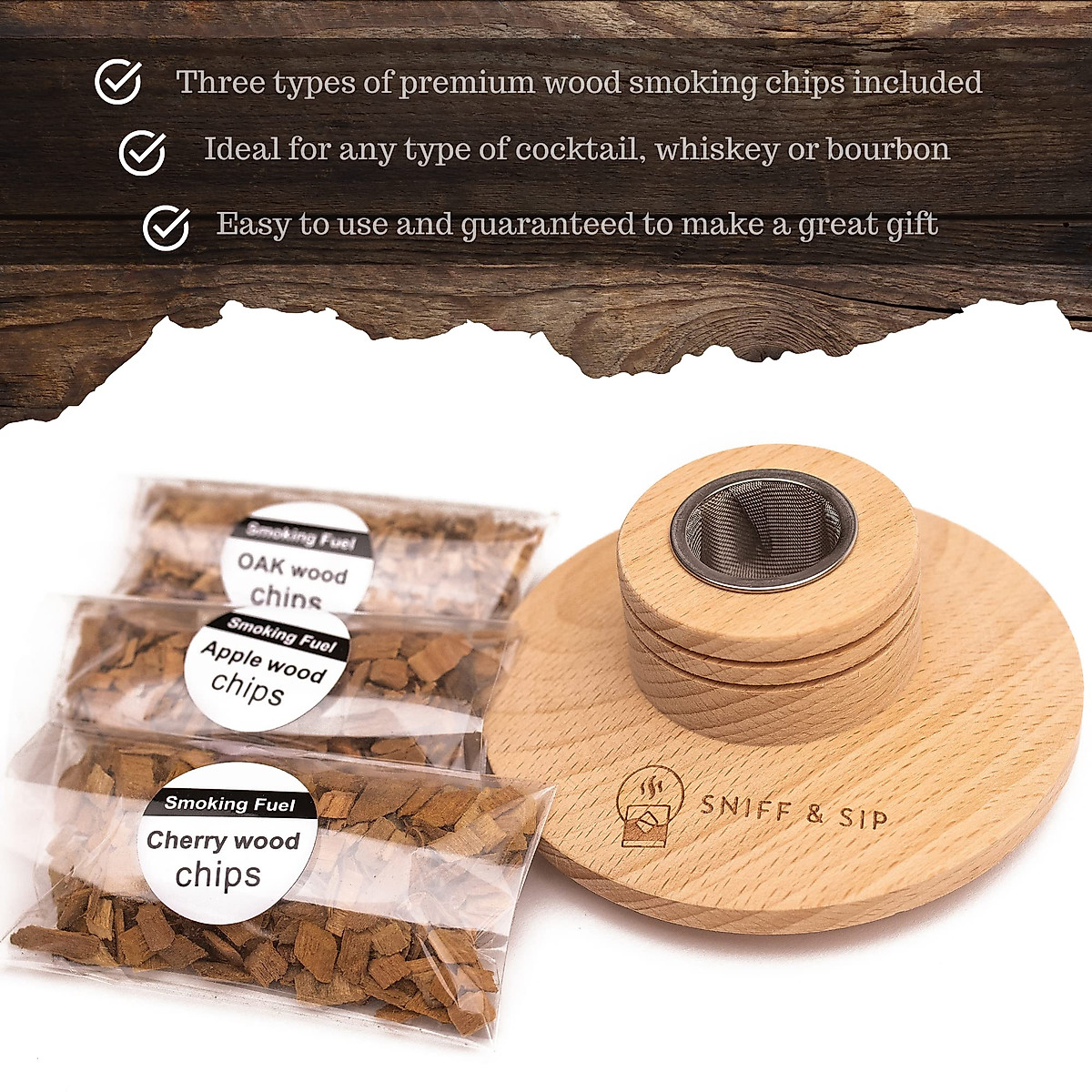 SNIFF & SIP Cocktail Smoker Kit for Drinks, Handcrafted Old Fashioned Drink Infuser - Glass Topper Chimney w/ Apple, Oak and Cherry Wood Shavings to Infuse Cocktails Whiskey Wooden CSK001