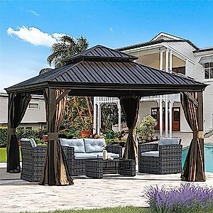 Evedy 12x12FT Hardtop Gazebo,Outdoor Permanent Pavilion with Curtains&Netting,Outdoor Metal Gazebos,Outdoor Aluminum Frame Canopy with Galvanized Steel Double Roof for Patios Deck Backyard,Lawn(Brown)