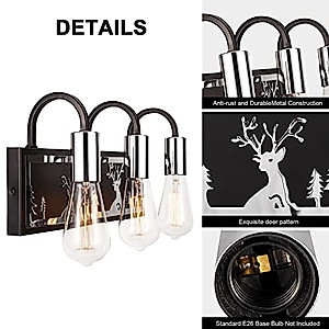 Darkaway Wall Sconces Farmhouse Bathroom Light Fixtures, Black and Chrome 3-Light Fixture with Rustic Deer Pattern Decoration for Hallway Bedroom Porch Living Room Dining Room Patio Courtyard Hotel