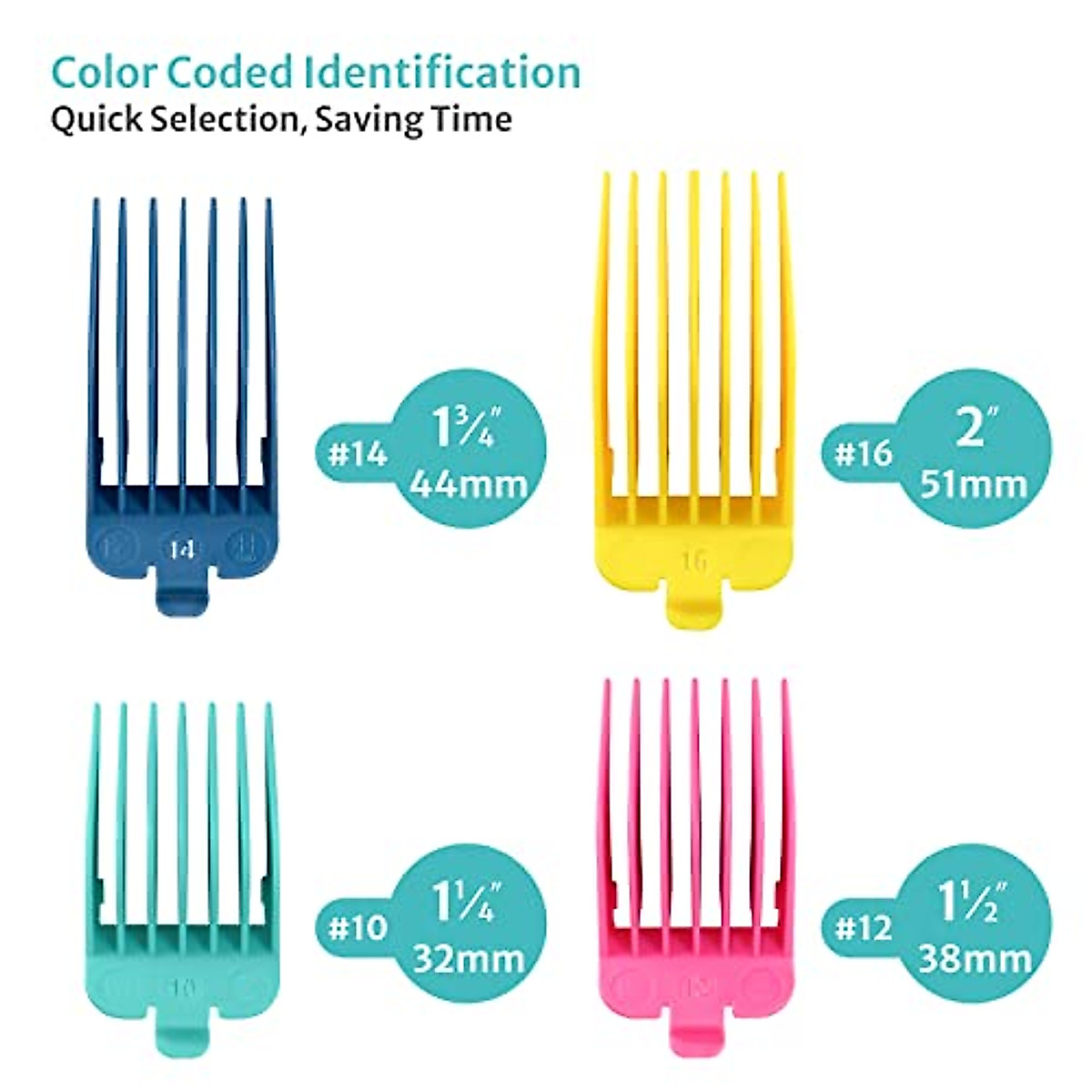 4 Professional Extra Long Hair Clipper Guards Cutting Guides Fits for Most Wahl Clippers, Color Coded Clipper Combs Replacement - 1.25", 1.5", 1.75" & 2" ( #10, #12, #14, #16