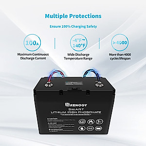 Renogy 2 Pack Smart Lithium-Iron Phosphate Battery 12V 100Ah w/Self-Heating Function for RV, Solar, Marine, and Off-Grid Applications
