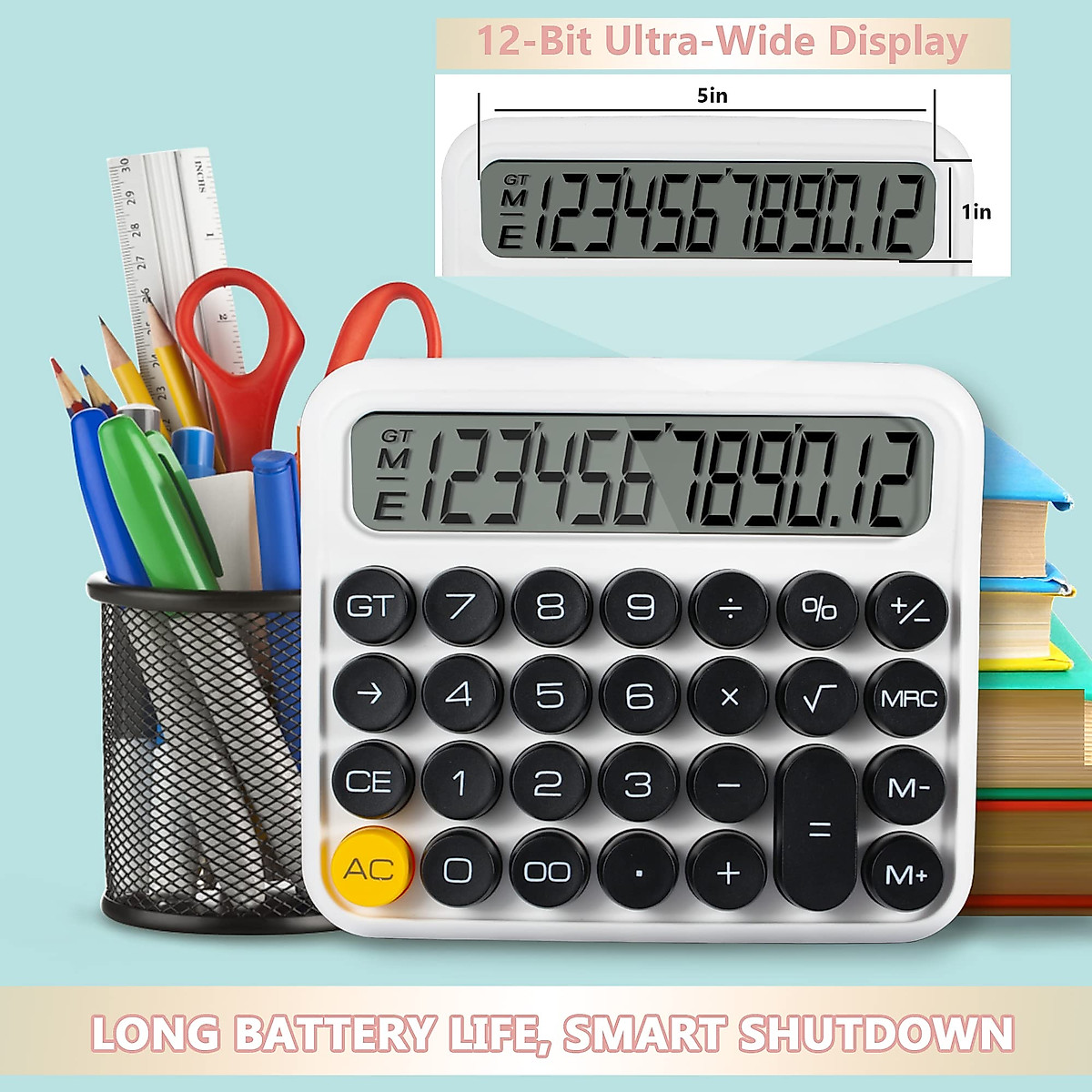 GUDTEKE Mechanical Switch Calculator, Pink Calculator Cute 12 Digit Large LCD Display Big Button Calculator Clear Standard for Daily and Basic Office,Automatic Sleep,with Battery