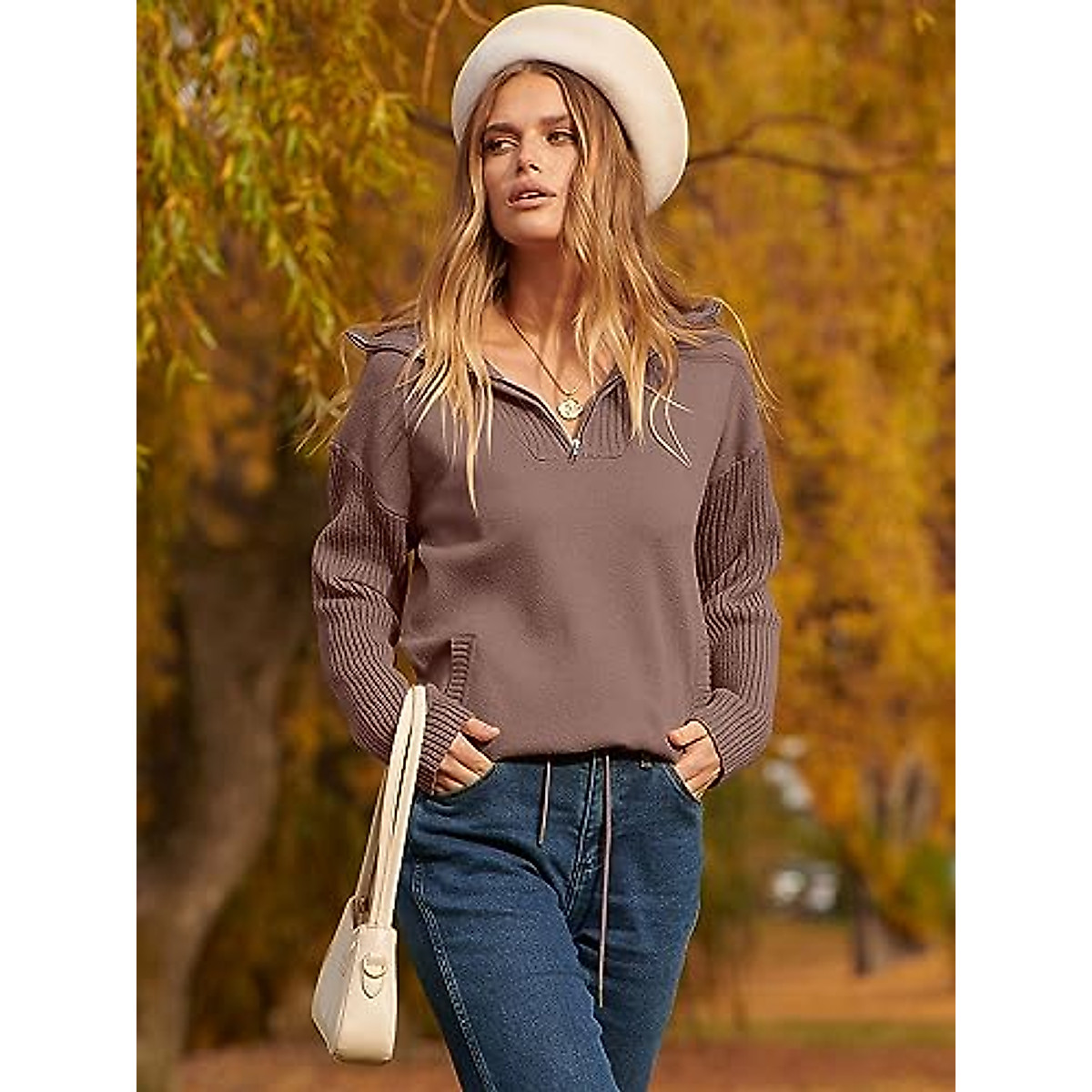 ANRABESS Quarter Zip Sweaters for Women Long Sleeve Casual Collared V Neck Knit Zipper Loose Fit Solid Pullover Jumper 2023 Fall Winter Fashion Clothes with Pockets 780doukou-S