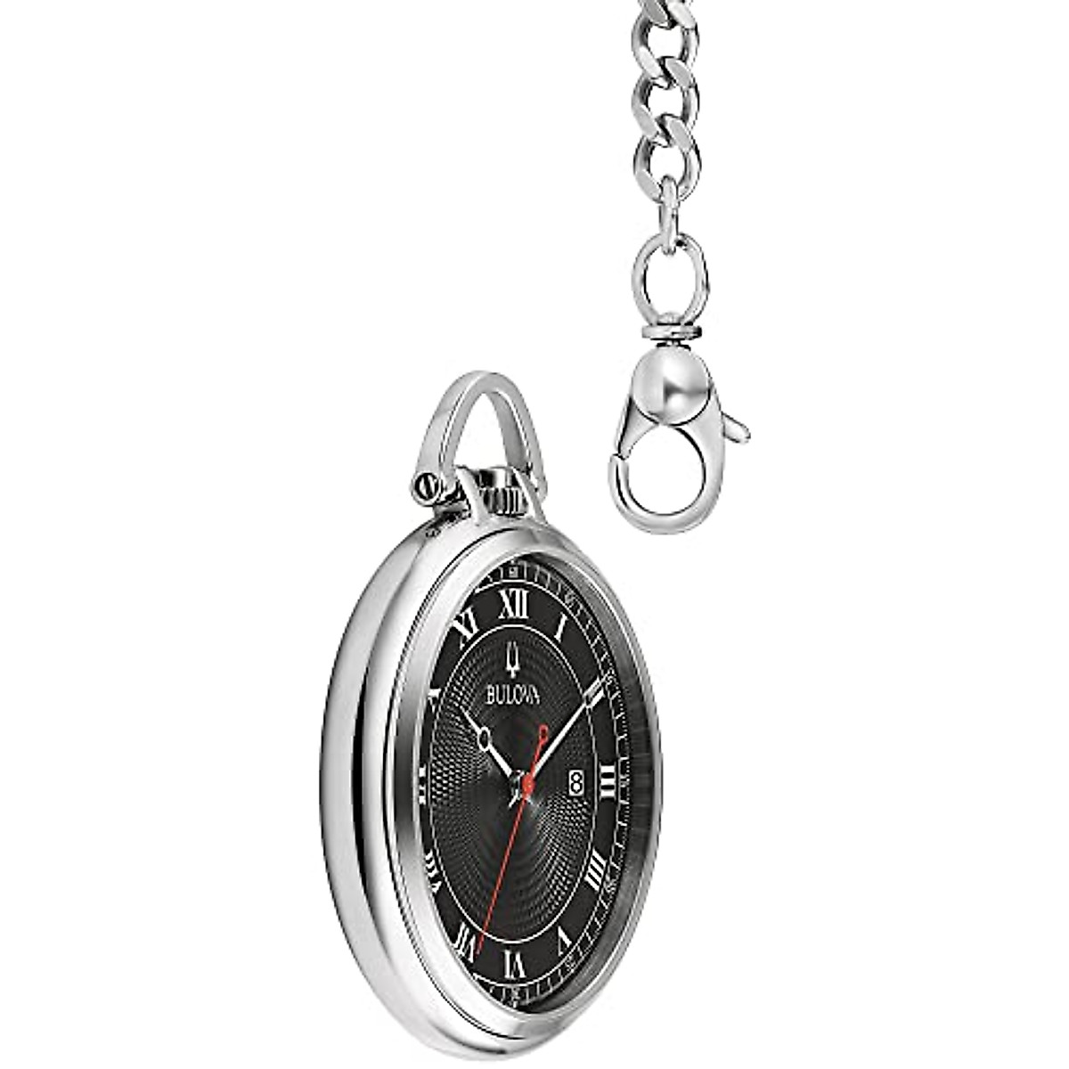 Bulova Classic Pocket Watch 3-Hand Date Quartz Stainless Steel, Black Dial with Detachable Chain Style: 96B308