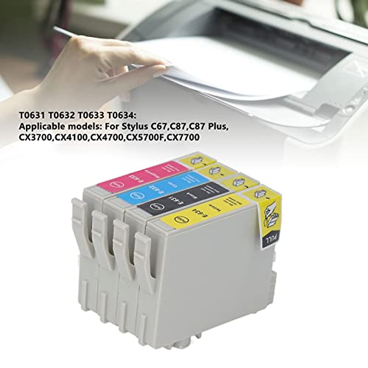 4PCS Ink Cartridge Colorfast Large Capacity BK C M Y Printer Ink Cartridge Combo Pack ABS Material for Printer Printing Documents (T0631/T0632/T0633/T0634)