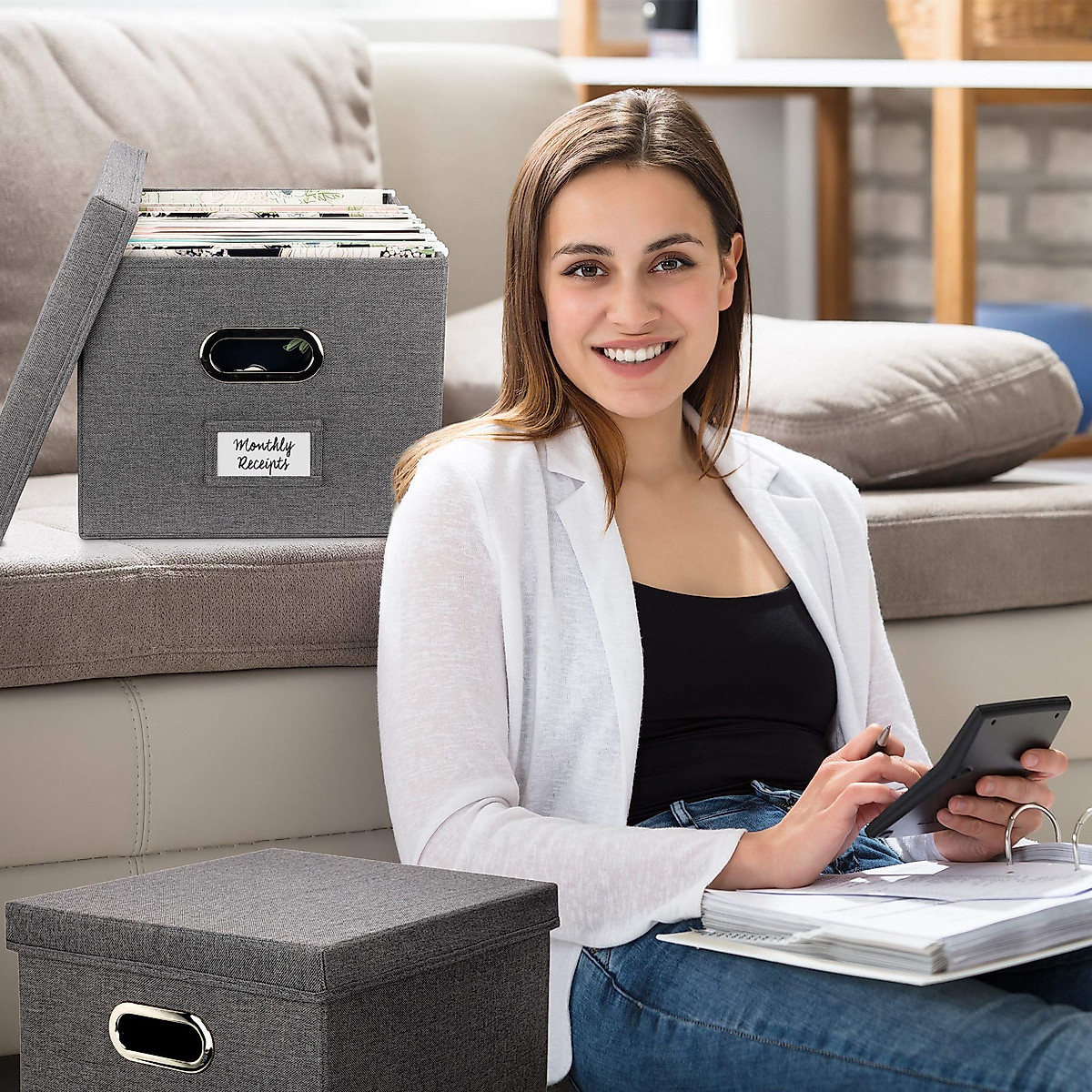 ZICOTO Decorative File Organizer Box - Collapsible Linen File Cabinet for Easy File Folder Storage - Store All Your Documents and File Folders in Style