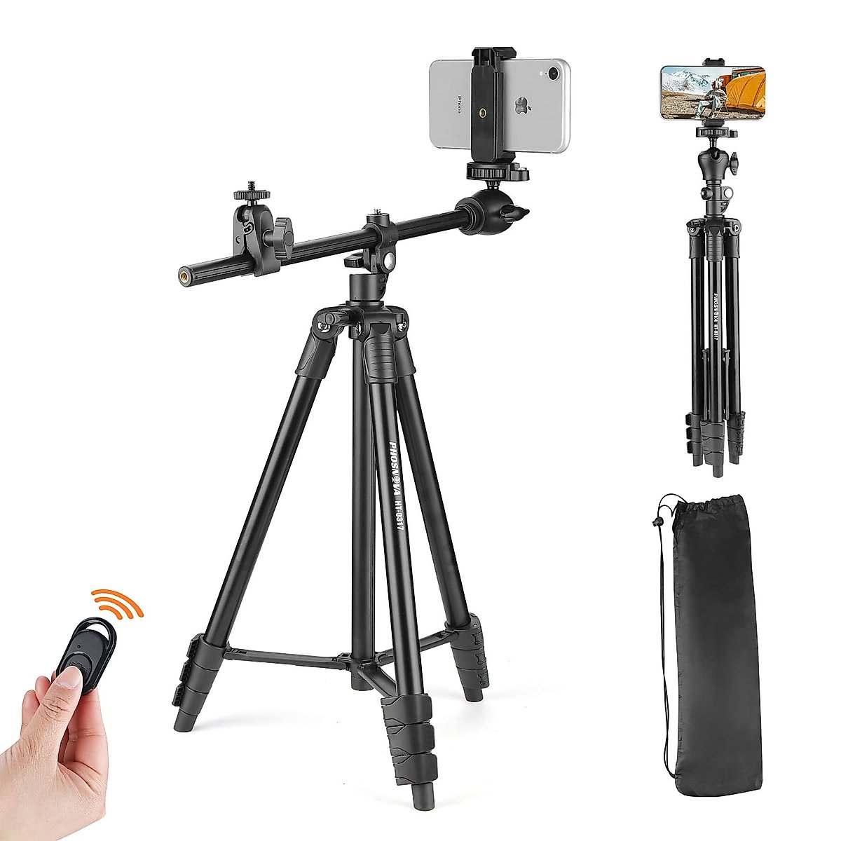 PHOSNOVA 68" Cell Phone Tripod,Overhead Camera Tripod Stand with Remote,360° Rotation Horizontal Extendable Arm iPhone Stand for Recording/Webcam