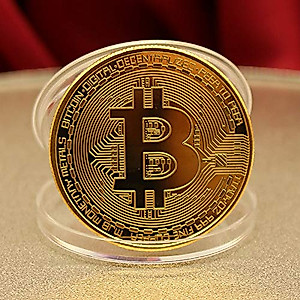 Bitcoin Commemorative Coins, Gold-Plated Coin Art Collection, Metal Antique Coin-Like Bitcoin with a Watch case (Gold)