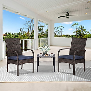 SAILARY 3-Piece Patio Bistro Set, Outdoor Garden Furniture Set: Square Metaltop Table & 2 Garden Wicker Chairs