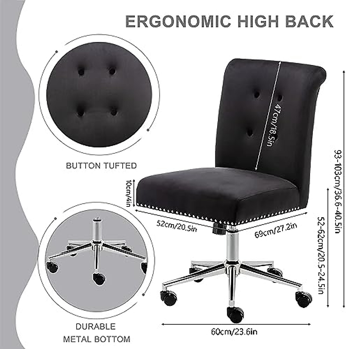 JOUUQZ Velvet Office Chair Button Tufted Swivel Adjustable Desk Chair with Nailheads Trim, Upholstered Armless Black Home Office Desk Chair with Wheels and Metal Base
