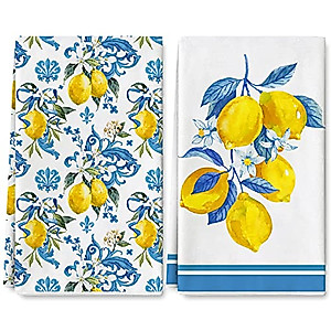 AnyDesign Lemon Kitchen Dish Towel 18 x 28 Blue Yellow Lemon Dishcloth Watercolor Farmhouse Lemon Decorative Hand Drying Tea Towel for Spring Summer Kitchen Cooking Baking Cleaning, 2Pcs