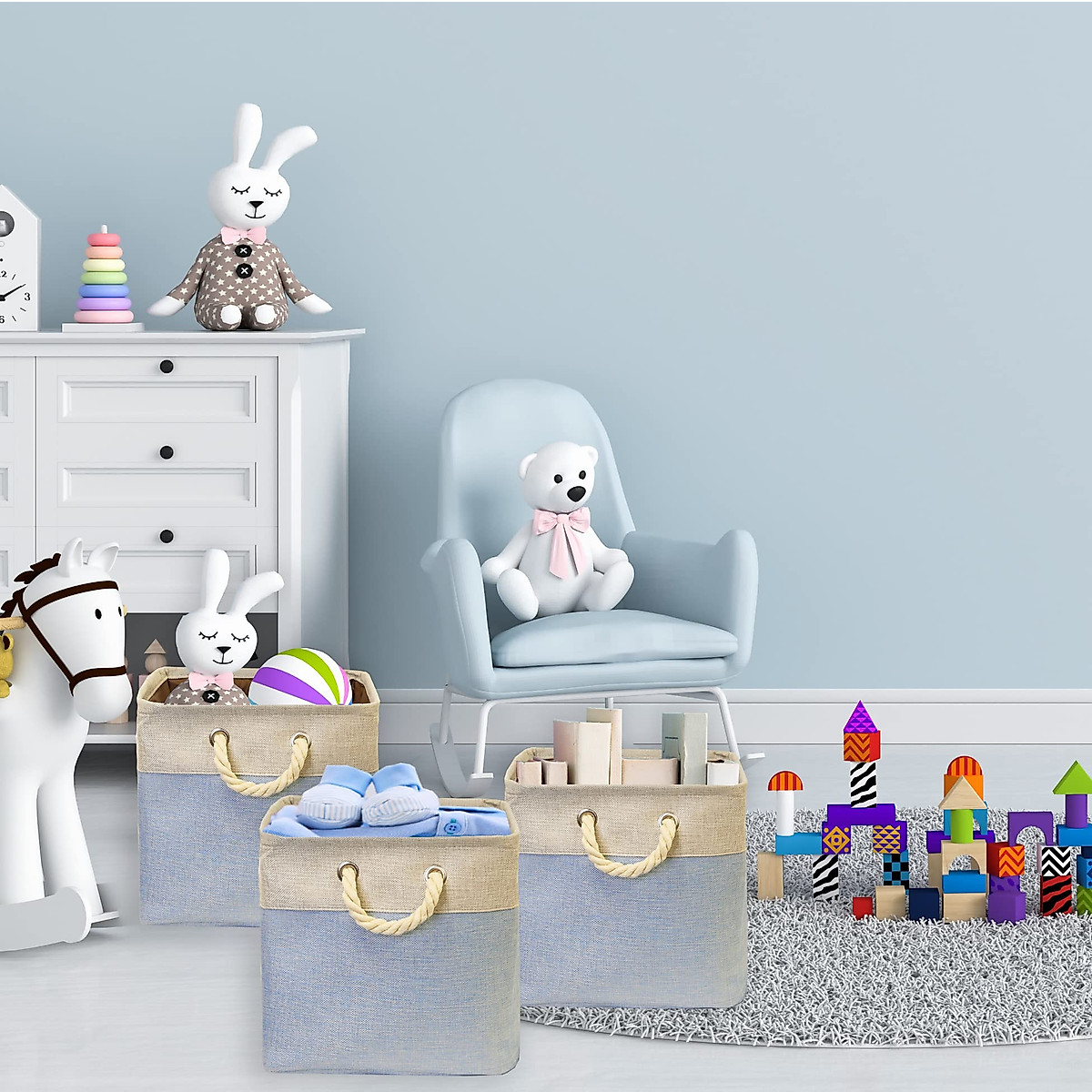 Simple Houseware Cotton Handle Extra Large Fabric Cube Storage Bin, 3 Pack, Blue