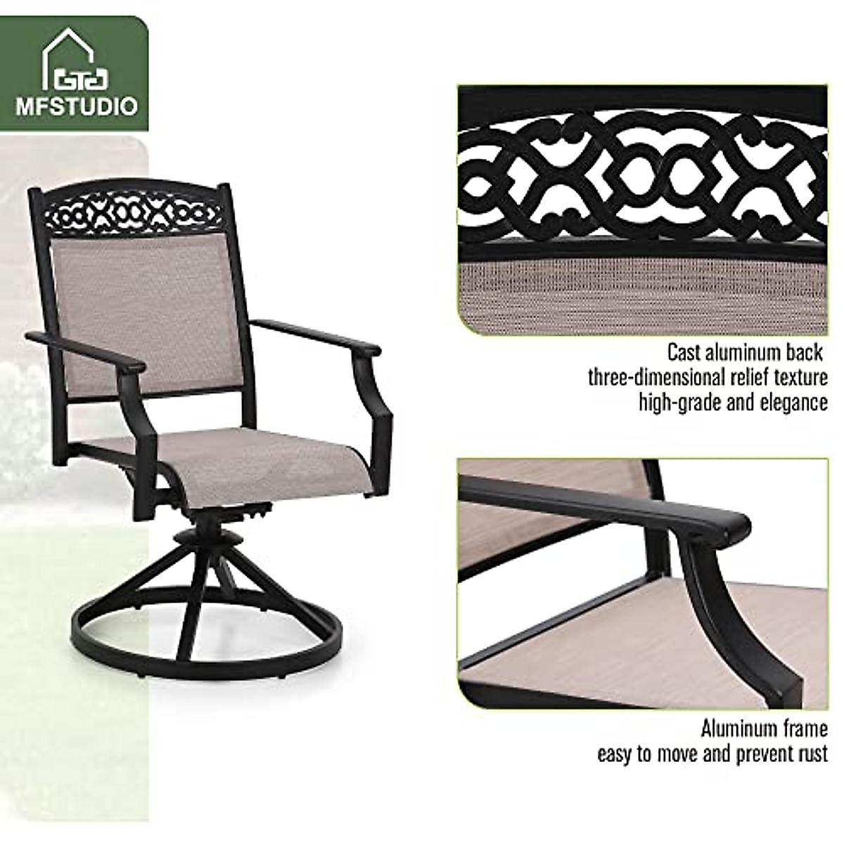 MFSTUDIO Cast Aluminum Frame Patio Sling Dining Swivel Chairs Set of 4，Outdoor Textilene Furniture for Lawn Garden Backyard