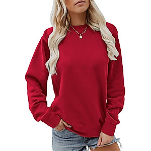 Womens Casual Crewneck Sweatshirts Long Sleeve Loose Fit Soft Pullover Tops Red