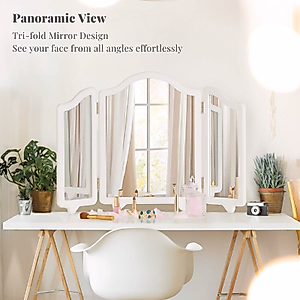 LUXFURNI Hollywood Large Vanity Trifold Makeup Mirror, 3 Side Folding Tabletop Mirror (White)