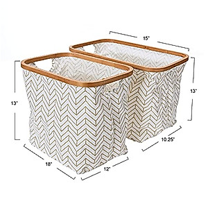 Household Essentials Bamboo Rimmed Krush Basket with Cutout Handles, Set of 2 Sizes, Tan Chevron