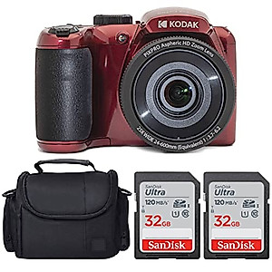 Kodak PIXPRO AZ255 Digital Camera + SanDisk 32GB Memory Card (2) + Digital Camera/Video Case (Red)