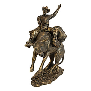 Ebros Rustic Western Rodeo Bull Rider Cowboy On Rearing Angry Bull Statue 10" Tall Faux Bronze Resin Old World Wild West Cattle Bull Riding Cowboys Themed Accent Figurine
