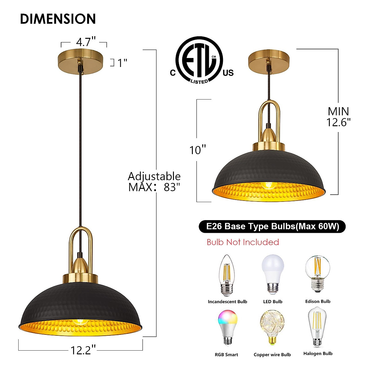 ALAISLYC Black Pendant Lights Matte Pendant Lighting for Kitchen Island Industrial Adjustable Height Vintage Dome Hanging Light Fixtures for Barn, Dining Room 3 Pack