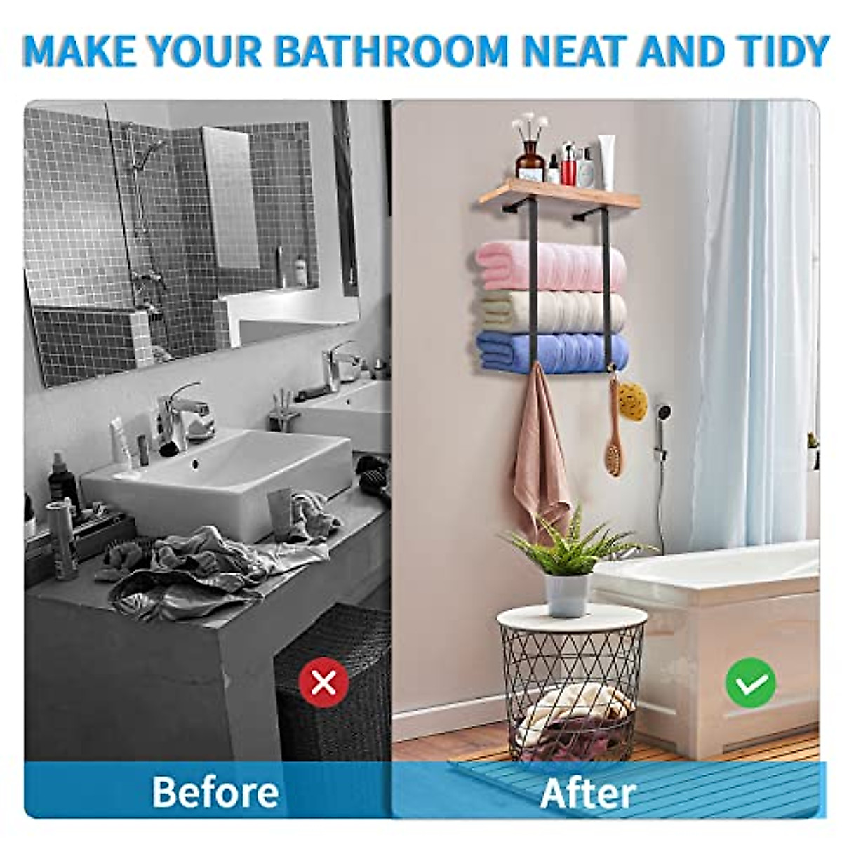 Towel Racks for Bathroom Wall Mounted, KULVGDA Towel Storage Holder for Bathroom Wall with Wooden Shelf & 2 Hooks, Wall Towel Rack Towel Organizer for Small Bathroom, Washcloths, Rolled Bath Towels