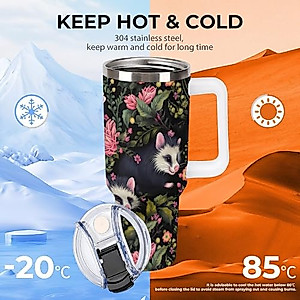 Cute Possum Flowers 40 Oz Stainless Steel Cup Travel Tumbler with Handle and Straw Lightweight Coffee Mug for Home Office