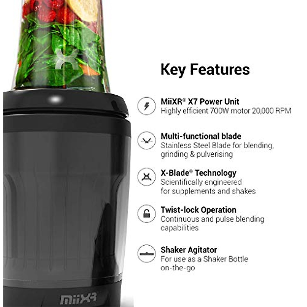 Promixx MiiXR X7 Personal Blender for Shakes and Smoothies - 8 Piece Set - with Performance Nutrition Protein Mixer X-Blade and Shaker Bottle Agitator, Smoothie Blender/Maker, Highly Efficient 700W