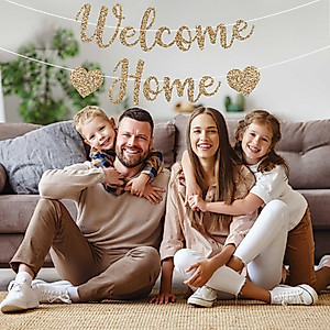 Pre-strung Welcome Home Banner - No DIY - Gold Glitter Script Welcome Home Banner - Pre-strung on 6 ft Strand - Housewarming, Homecoming, & Military Return Party Decorations. Did We Mention No DIY