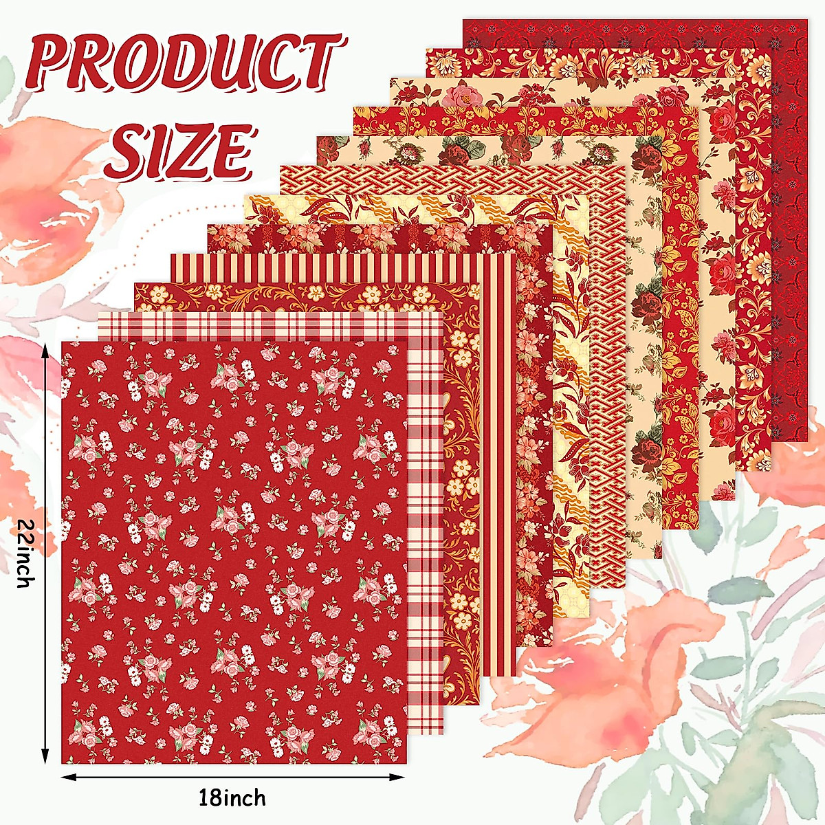 JarThenaAMCS 12Pcs Red Floral Cotton Fabric Bundles Retro Flower Plaid Stripe Fat Quarters Decorative Quilting Patchwork for DIY Craft Home Party Decor, 18 x 22 Inch