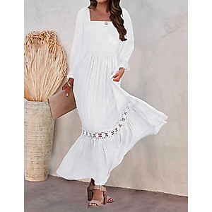 ZESICA Women's 2024 Boho Long Sleeve Square Neck Smocked High Waist Flowy A Line Lace Trim Maxi Dress White