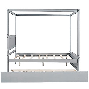 Bellemave Full Size Wood Canopy Bed with Trundle and Two Nightstands, 4-Post Platform Frame Headboard, 3 Pieces Bedroom Set (Brushed Gray) Full Canopy Bed+2 Nightstands