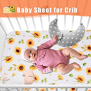 Cloele Sunflower Fitted Crib Sheet - Baby 100% Polyester 1 Pack Flower Crib Sheet for Standard Crib and Toddler Mattresses - Floral Nursery Bed Sheet Crib Mattress Toddler Sheet for Baby Girls
