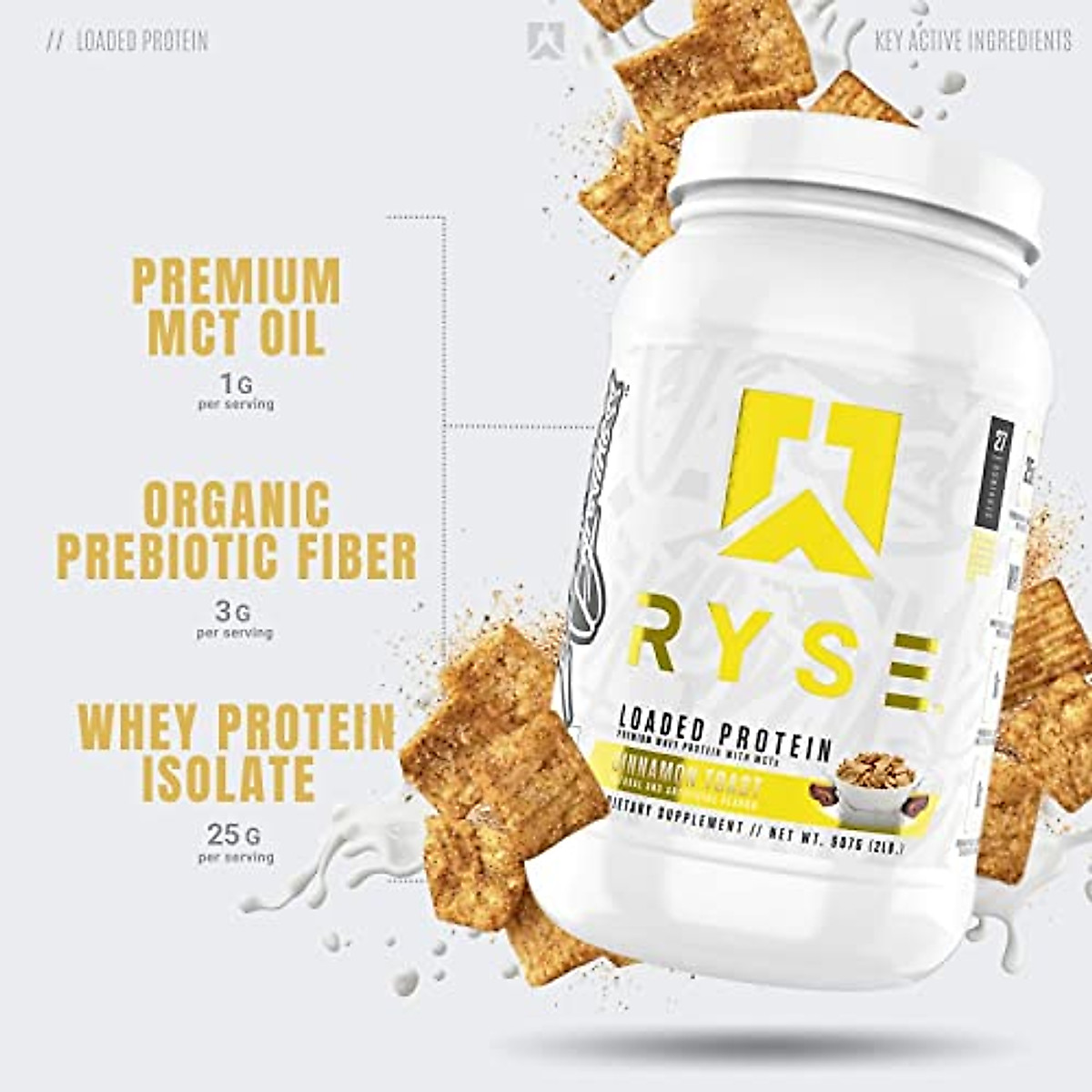 Ryse Loaded Protein Powder | 25g Whey Protein Isolate & Concentrate | with Prebiotic Fiber & MCTs | Low Carbs & Low Sugar | 27 Servings (Cinnamon Toast)