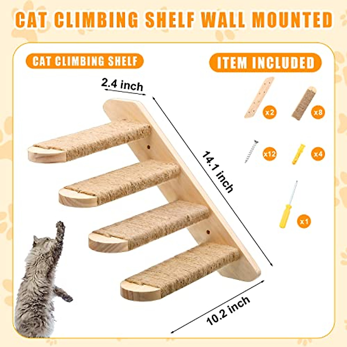 2 Pack Cat Climbing Shelf Wall Mounted Wood Cat Stair Cat Climbing Ladder 4 Step Cat Stairway with Jute Scratching Reversible Cat Wall Furniture for Cats Perch Platform Play Jump Climber Supplies