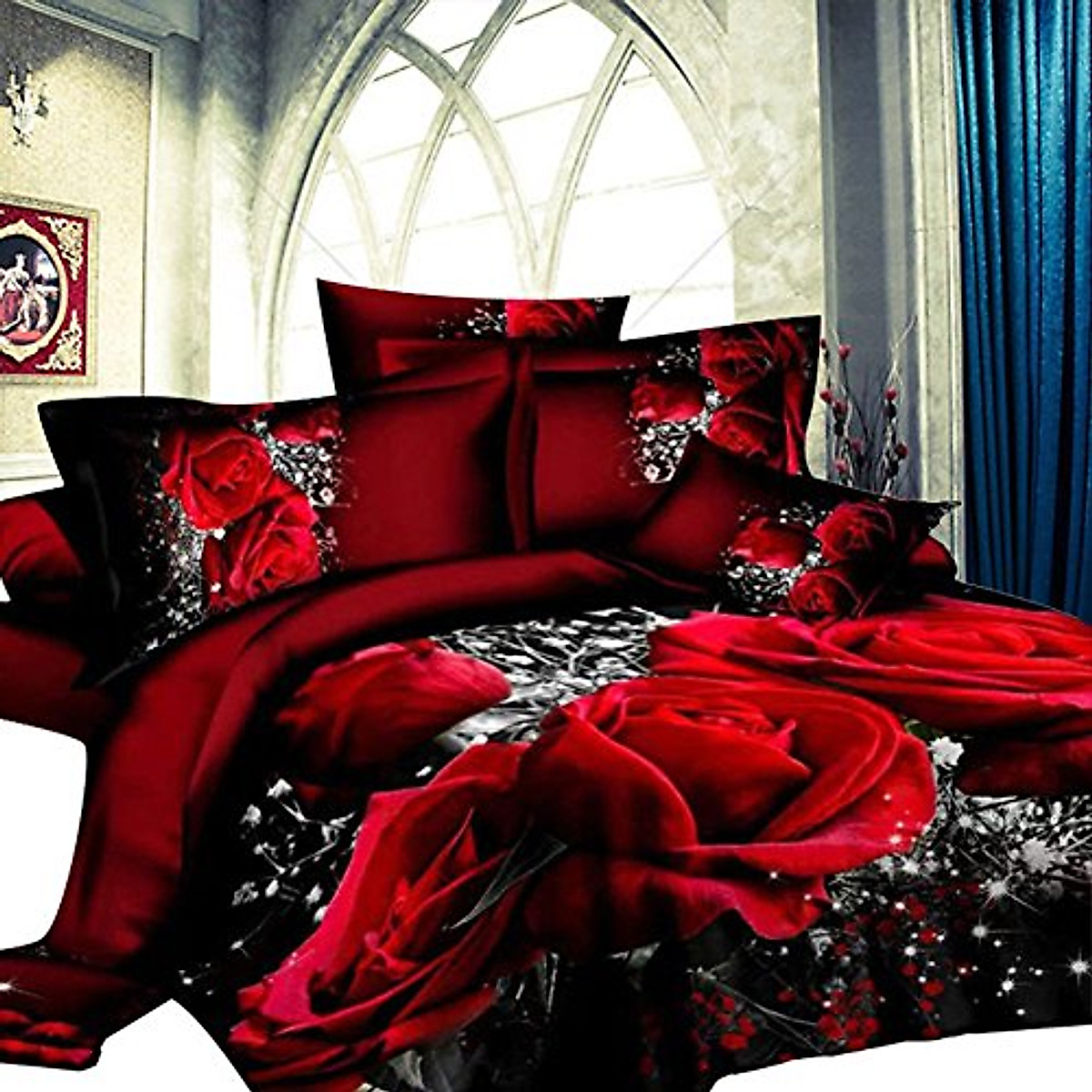 Longji 3D Oil Painting red Rose Bedding Set Queen King Size Comforter Bag Duvet Cover Set (Size : Queen 4pcs Duvet Cover 200x230cm)