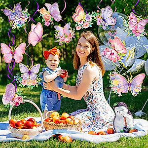 32Pcs Butterfly Party Decorations, Butterfly Hanging Swirl Decorations Pink and Purple Hanging Butterfly Decorations for Spring Summer Garden Butterfly Baby Girl Birthday Decorations