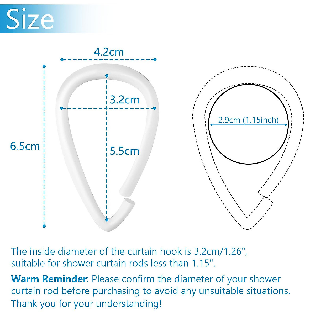 Top-Spring Shower Curtain Rings, Drop Shaped Plastic Shower Curtain Hooks for Bathroom Shower Rod Curtains (White)