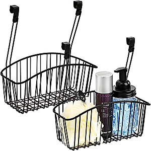 Okllen 2 Pack Over Cabinet Storage Basket, Metal Grid Kitchen Organizer Hang Over Cabinet Door, Bathroom Steel Wire Sink Organizer Holder for Shampoo, Body Wash, Cookbook, Cleaning Supplies, Black