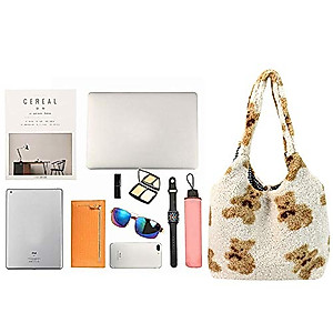 DIGOGO Cute Bear Plush Tote Handbag Faux Fur Fluffy Shoulder Bag Large Lamb Wool Shopping School Bag