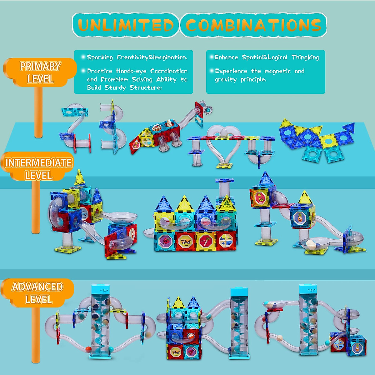 Couomoxa Elevator Magnetic Marble Run Race Track Magnetic Tiles Magnet Building Block Educational Construction Toy Play Set STEM Kit Toys for Kids Ages 3 4 5 6 7 8 10+Year Old Boys Girls Gift